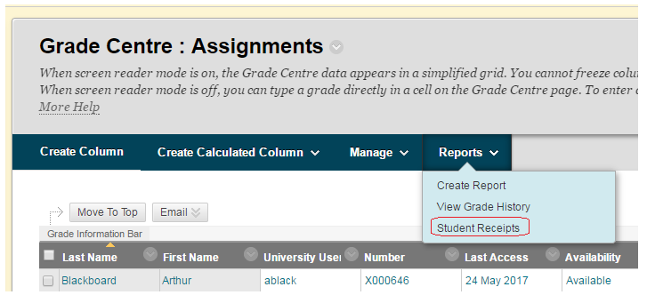 Blackboard – View student submission receipts for Assignments ...
