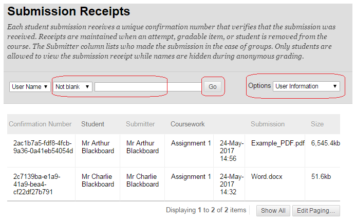 Blackboard – View student submission receipts for Assignments ...
